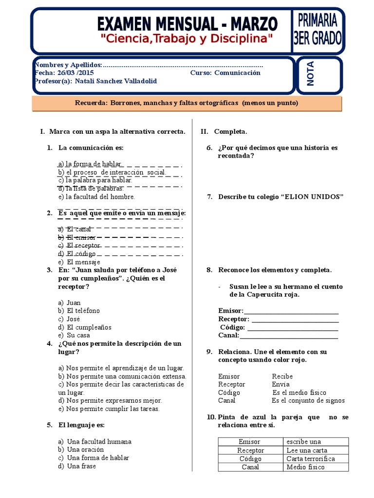 Formato de Examen | Comunicación | Cuentos