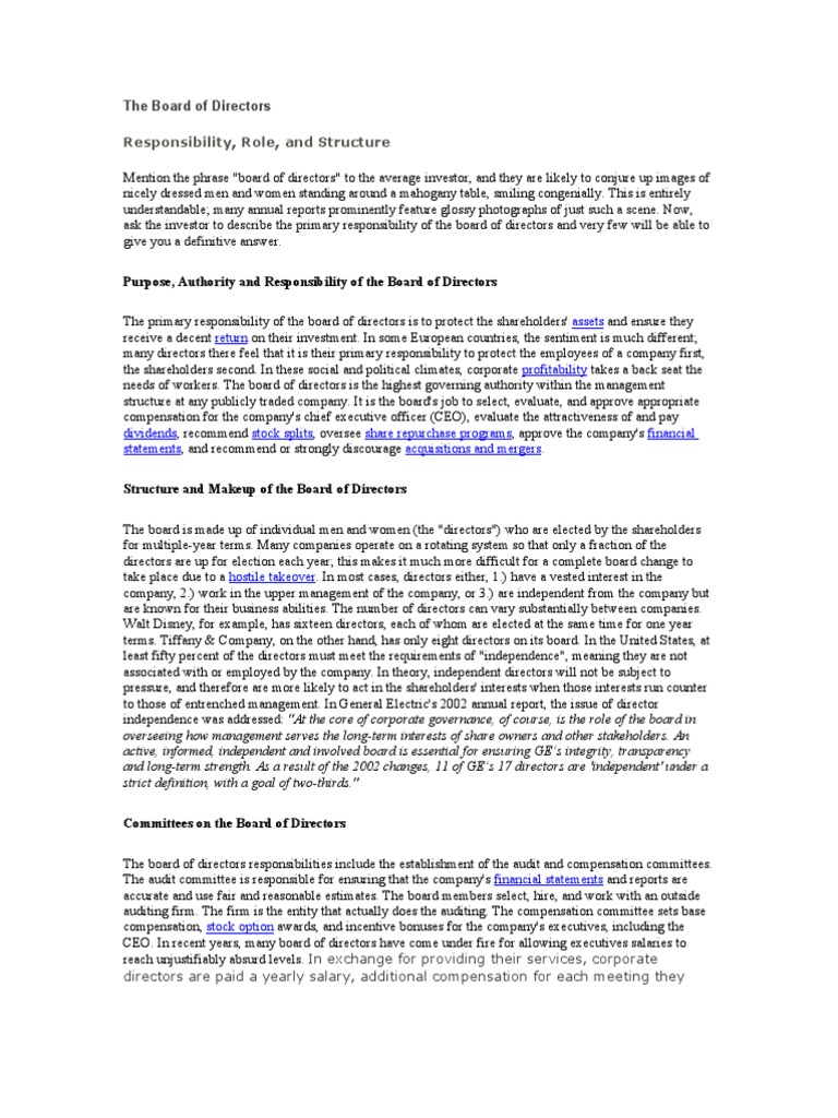 Board of Directors: Roles and Structure | PDF | Board Of Directors ...