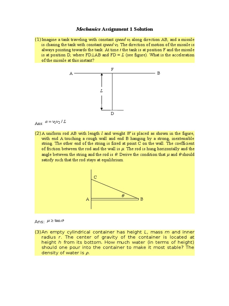 Assignment 1 - Mechanics 1 Solution | PDF | Center Of Mass | Acceleration