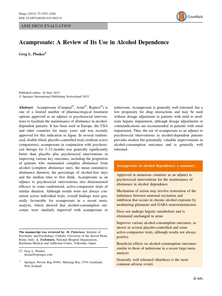Acamprosate A Review of Its Use in Alcohol Dependence | PDF ...