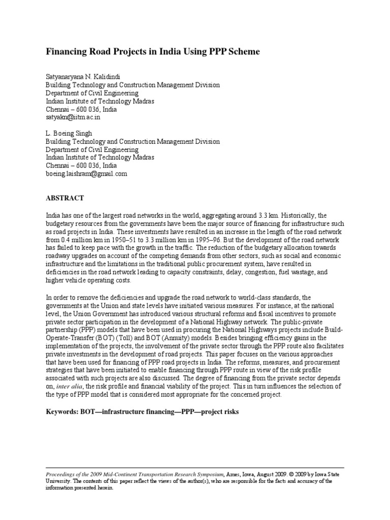 Financing Road Projects in India Using PPP Scheme | PDF | Public ...