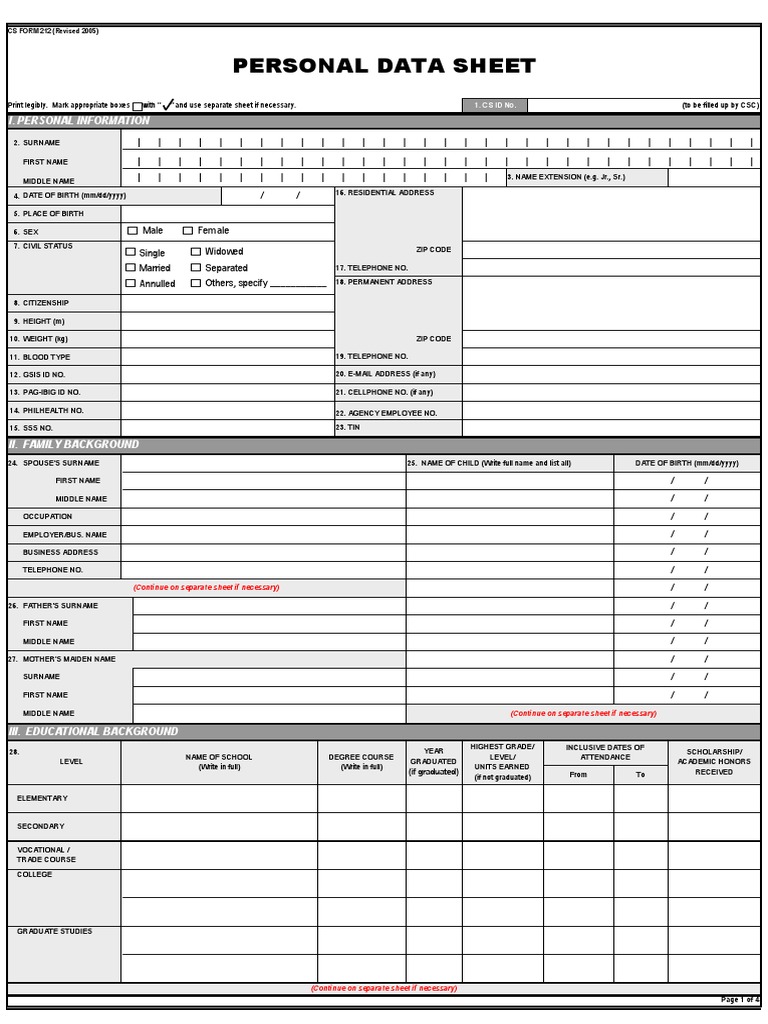 CSC Form 212, Revised 2005 (Personal Data Sheet) | PDF