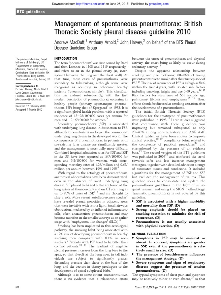 Bts 2010 Guidelines Management Of Spontaneous Pneumothorax Pdf