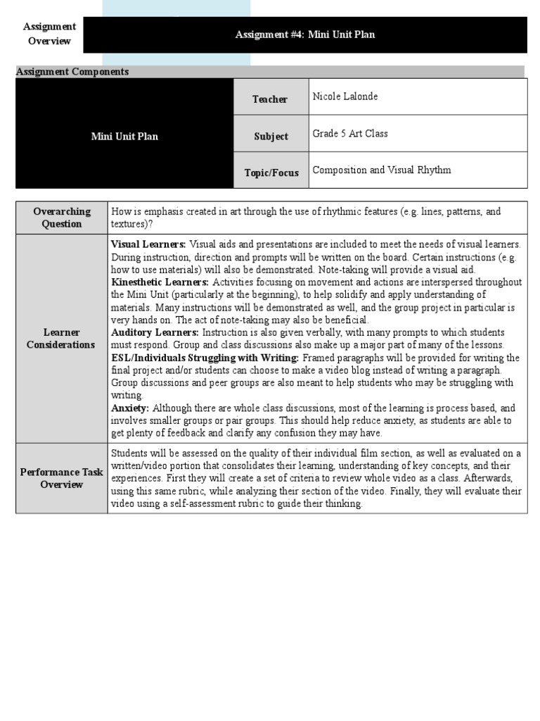 Grade 5 Art Mini Unit Plan: Visual Rhythm | PDF | Educational ...