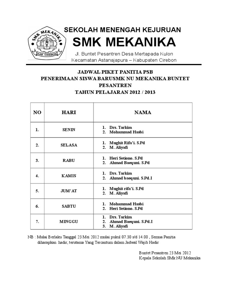 Jadwal Piket Panitia PSB | PDF