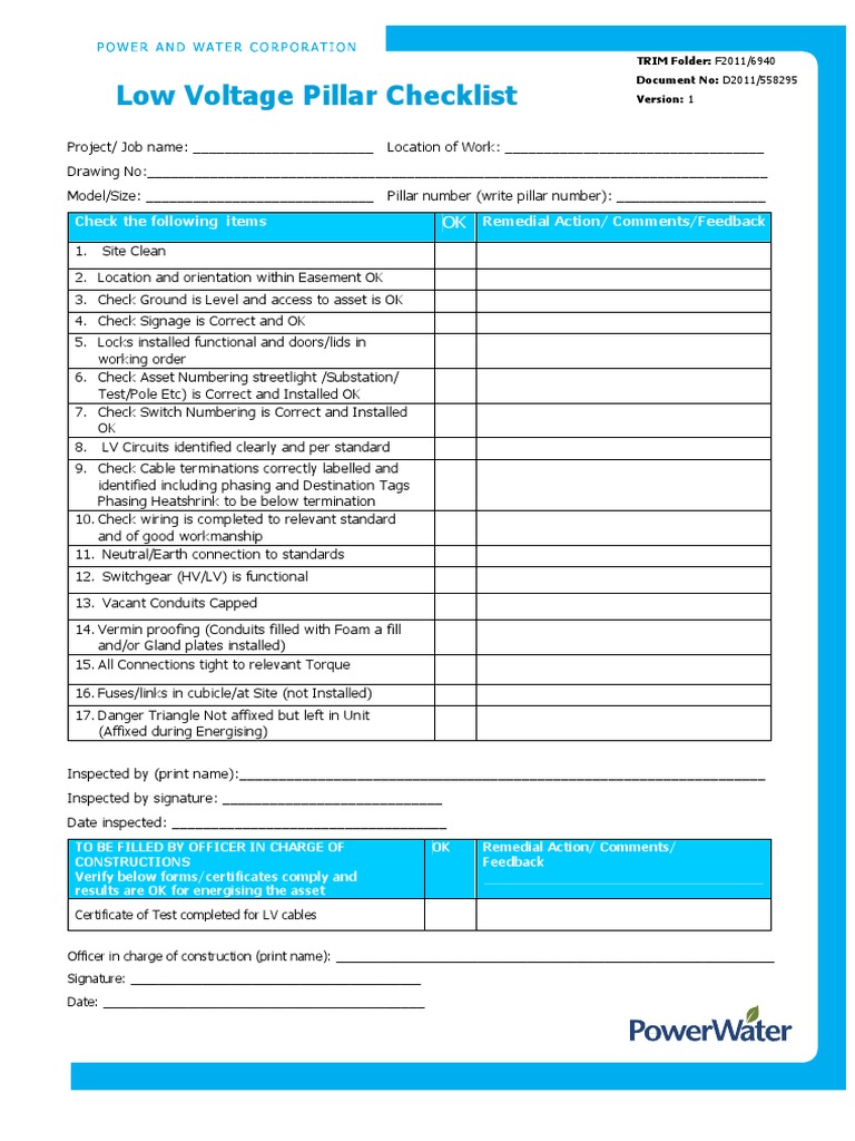 Low Voltage Pillar Checklist - Version 1 | PDF