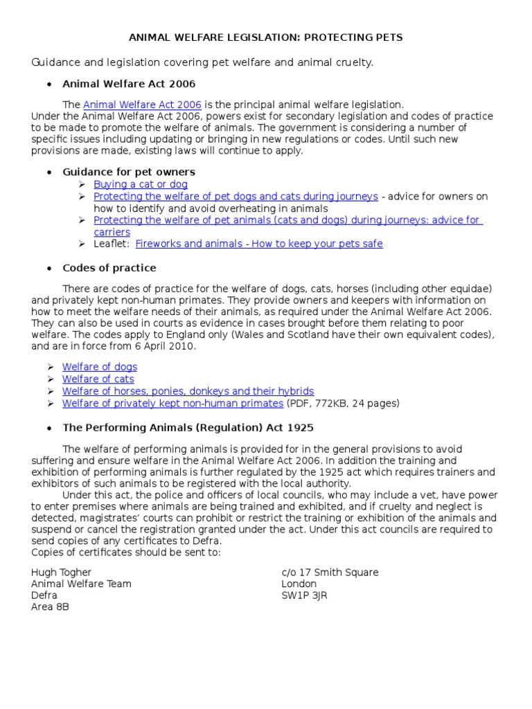 Animal Welfare Legislation | PDF | Animal Welfare | Pet