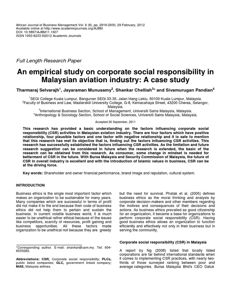 CSR in Malaysian Aviation Industry | PDF | Corporate Social ...