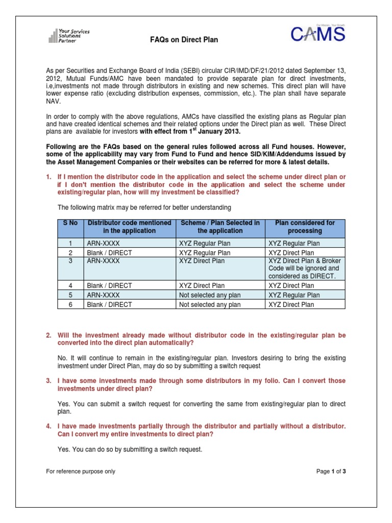 Direct Plan FAQs 29jan2013 | PDF | Mutual Funds | Investing