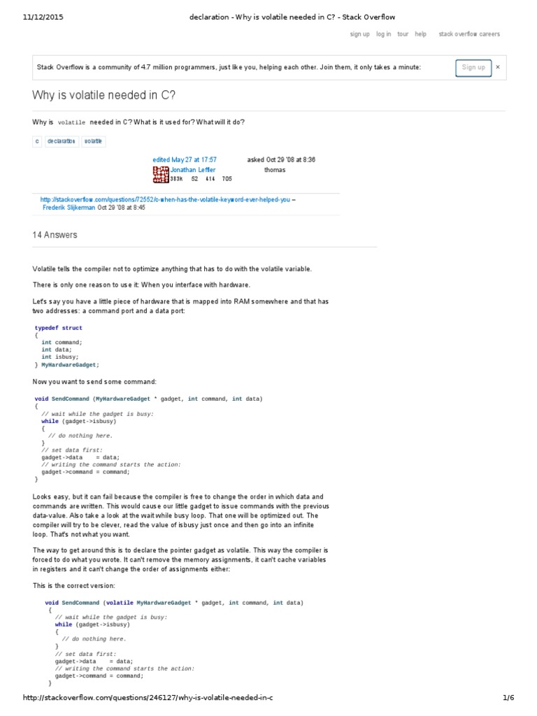 Declaration Why Is Volatile Needed In C Stack Overflow Pdf