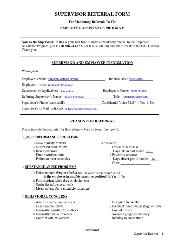 Supervisor Referral Form: Employee Assistance Program | PDF | Substance ...