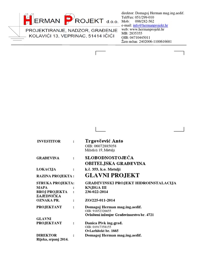 Glavni Projekt - Hidroinstalacije | PDF