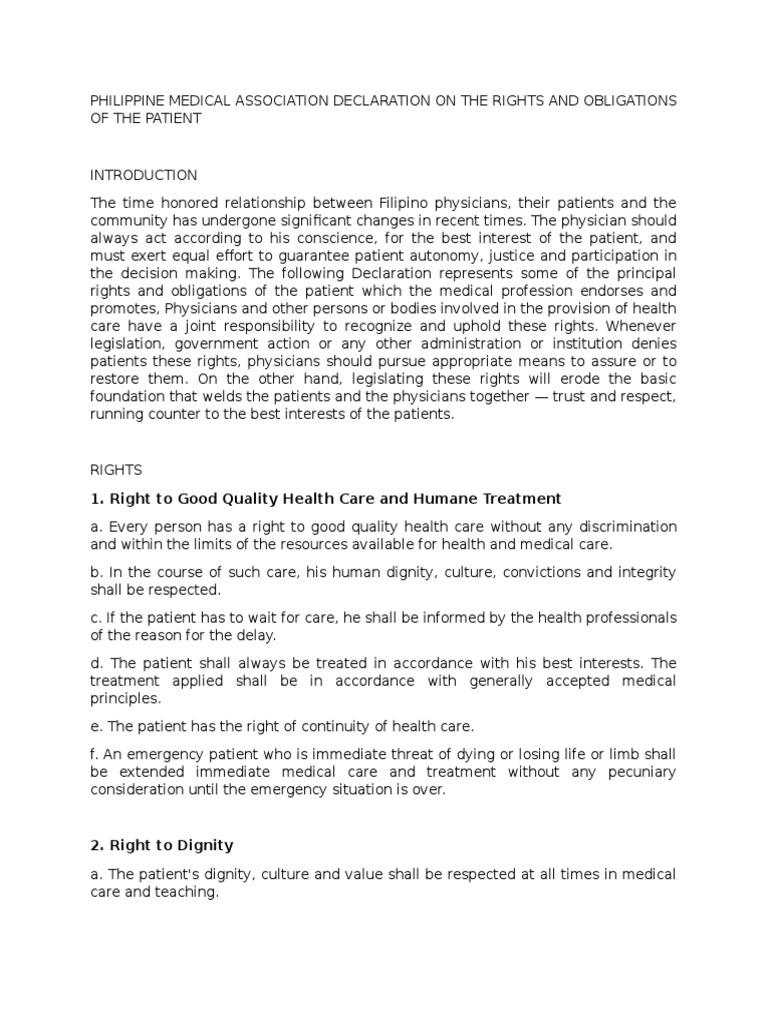 PMA Declaration Rights & Obligations of Patients | PDF | Patient ...
