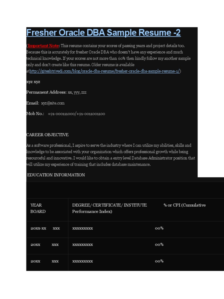 Fresher Oracle DBA Sample Resume | PDF | Oracle Database | Information Retrieval