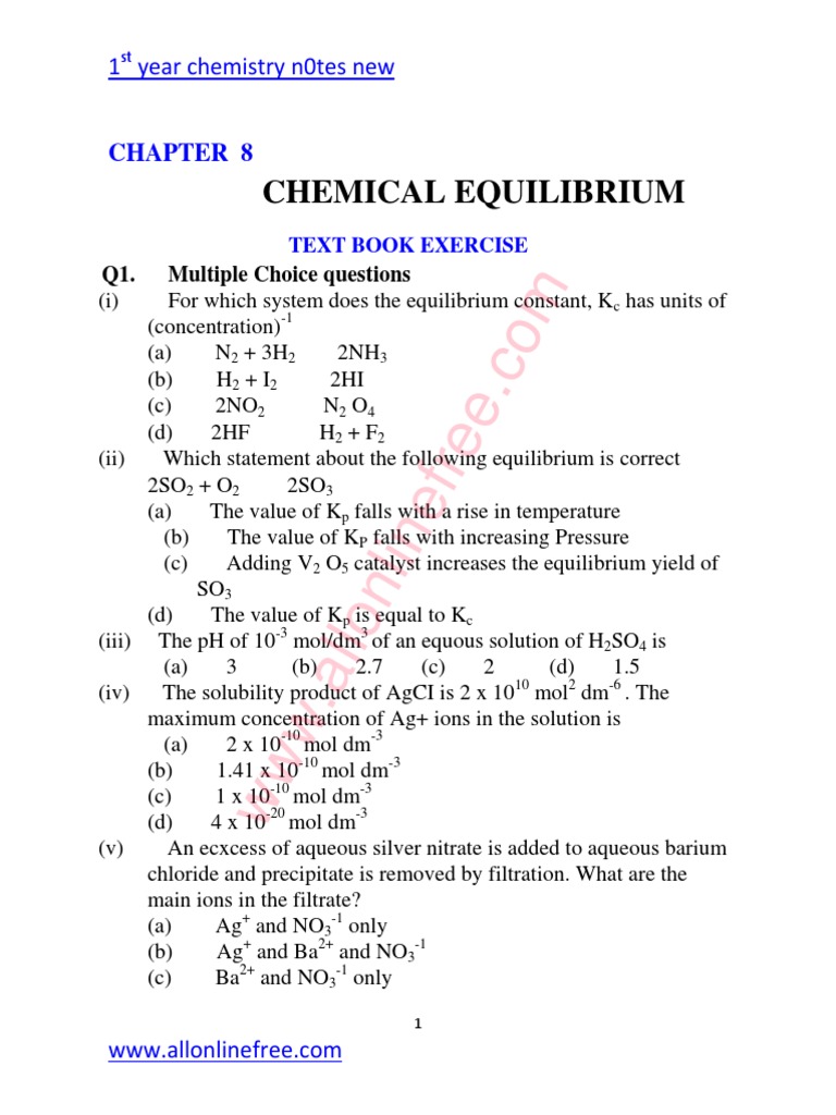 8 Chapter Chemical Equilibrium Text Book Exercise | PDF | Ph | Chemical ...