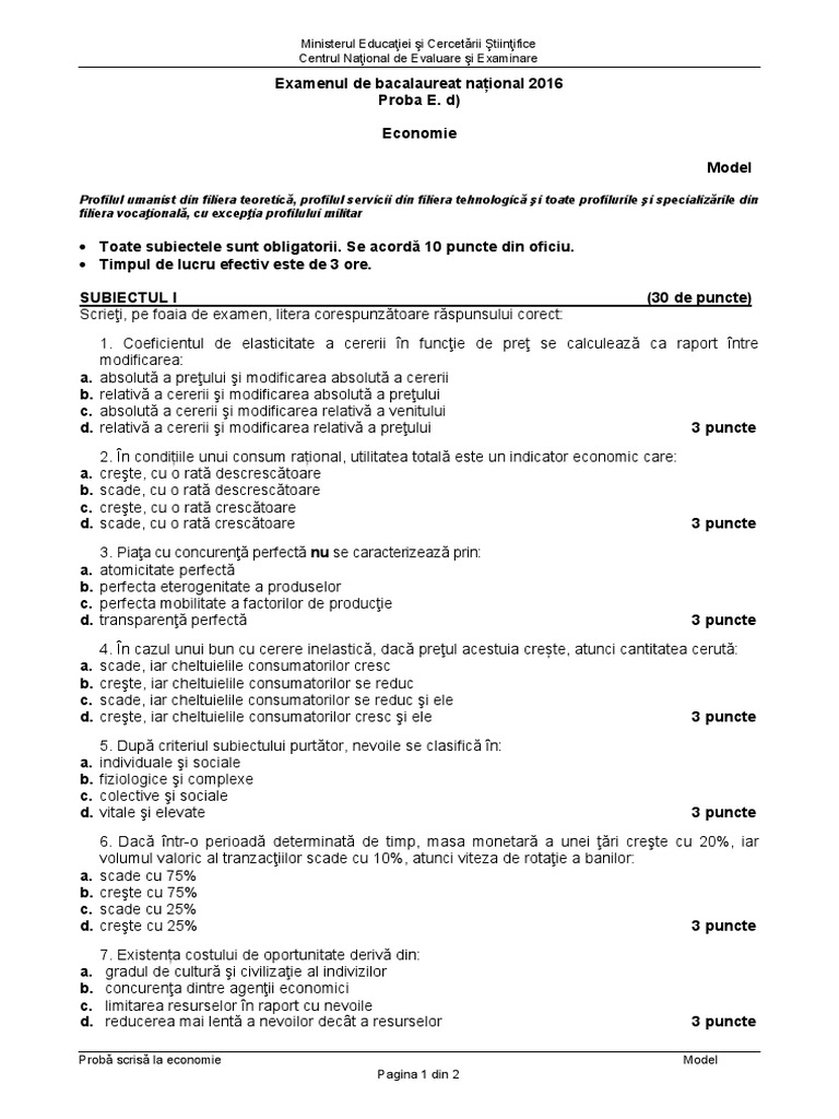 Model de Subiecte La Economie Bac 2016 | PDF