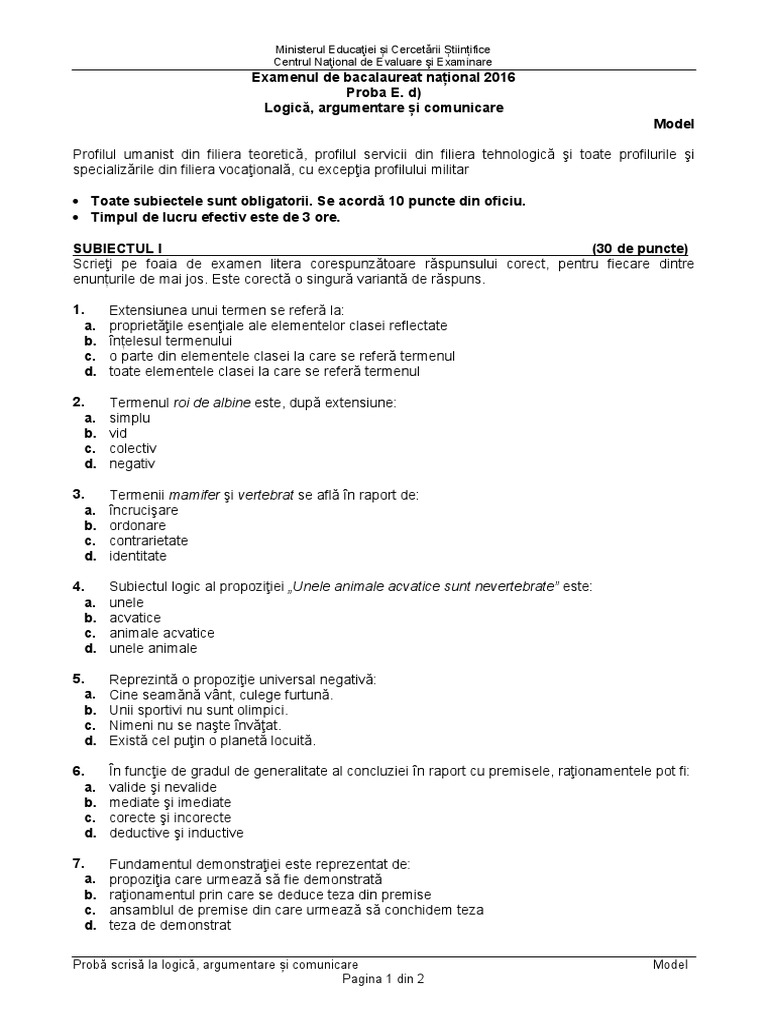 Model de Subiecte La Logica Bac 2016 | PDF