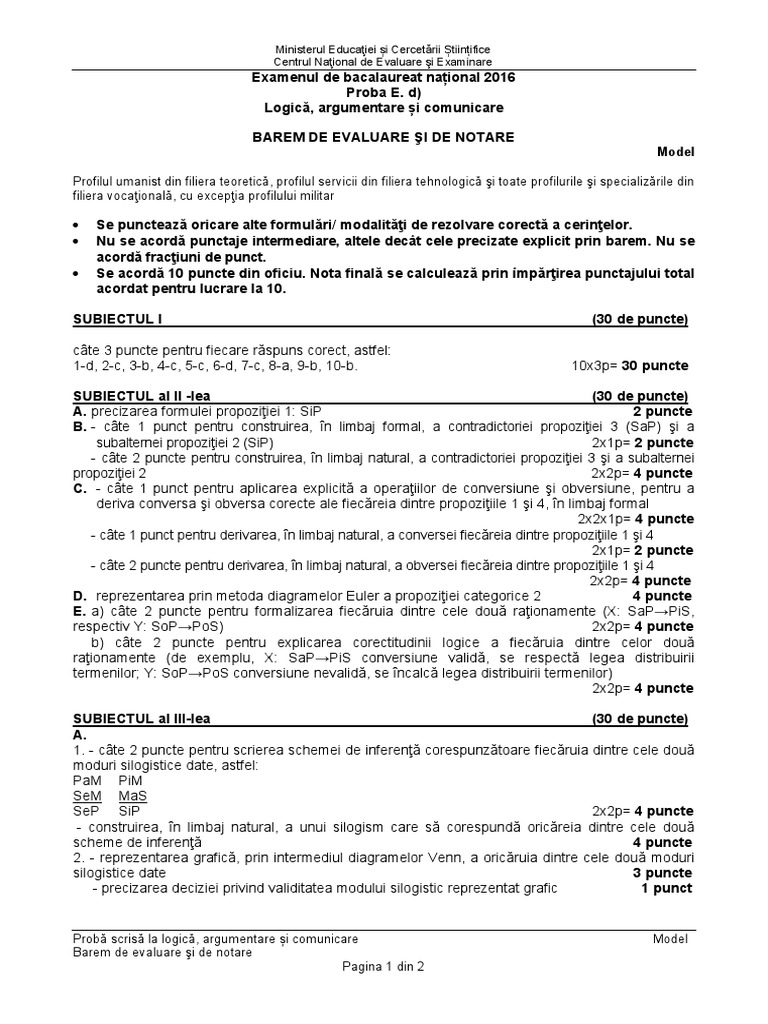 Barem de Corectare Model de Subiecte La Logica Bac 2016 | PDF