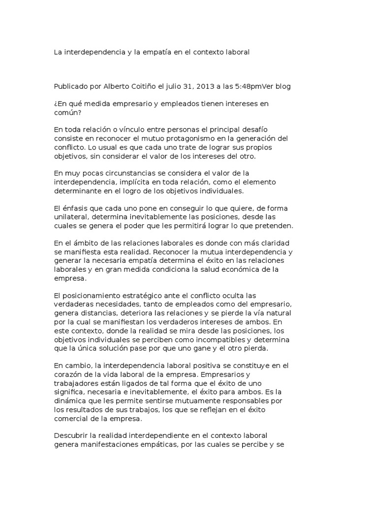 La Interdependencia y La Empatía en El Contexto Laboral | PDF ...