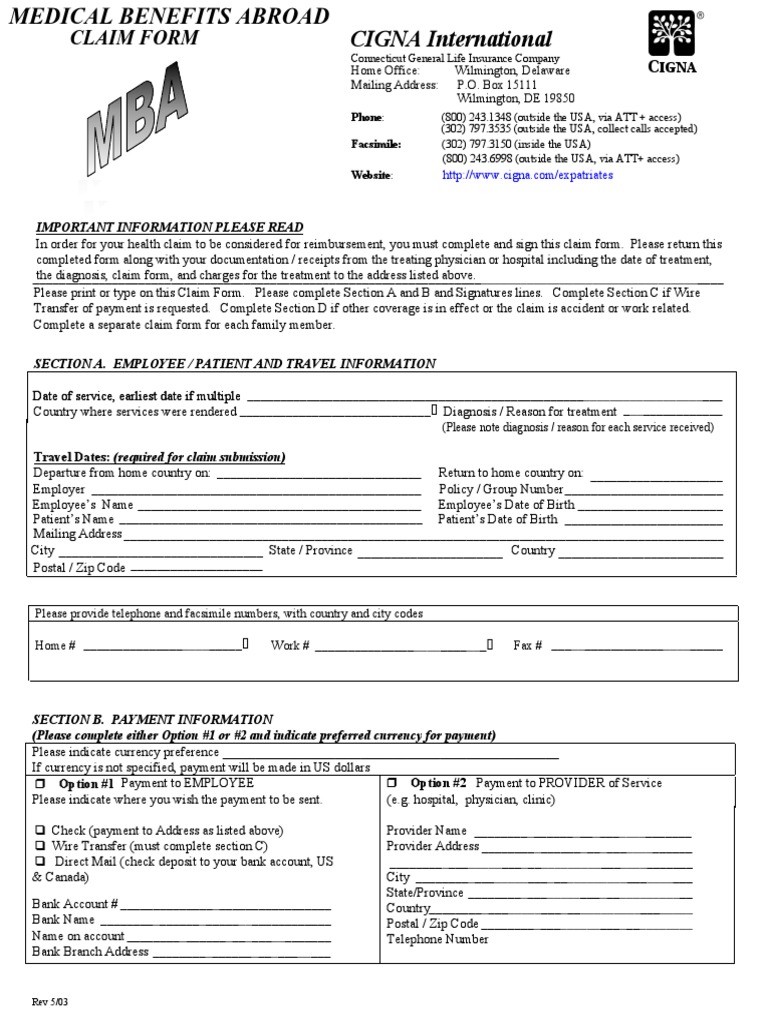 Cigna MBA Claim Form - 505808707 | PDF | Cigna | Wire Transfer