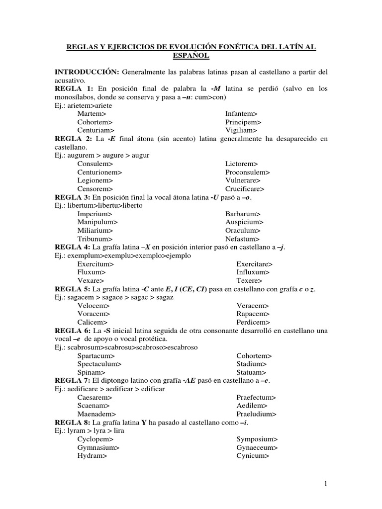 REGLAS Y EJERCICIOS DE EVOLUCIÓN FONÉTICA DEL LATÍN AL ESPAÑOL | Idioma ...