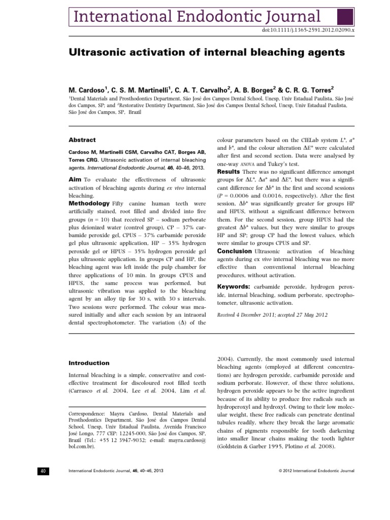 Ultrasonic Activation of Internal Bleaching Agents | PDF | Bleach | Mouth