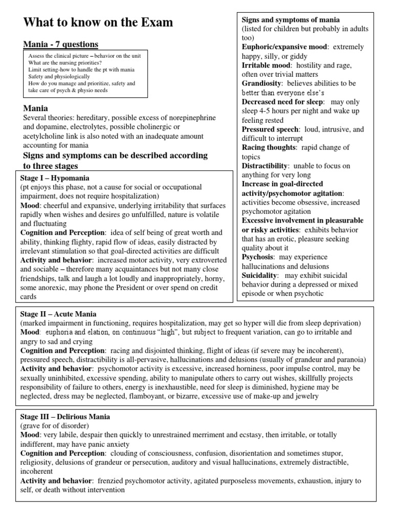 What To Know On The Exam: Mania - 7 Questions | PDF