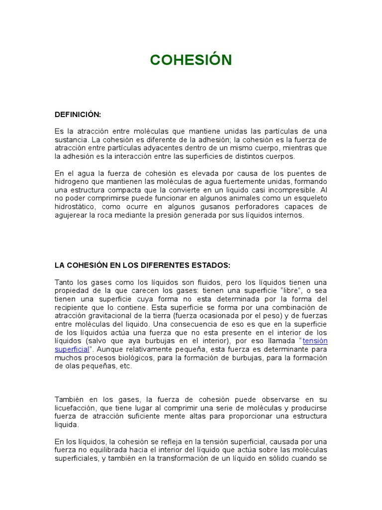 COHESIÓN | PDF | Ciencia de los materiales | Química