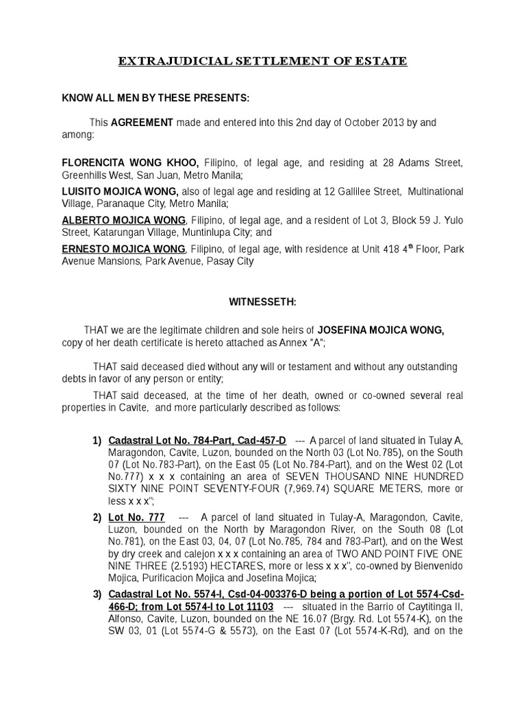 Extrajudicial Settlement of Estate Document | PDF | Civil Law (Common ...