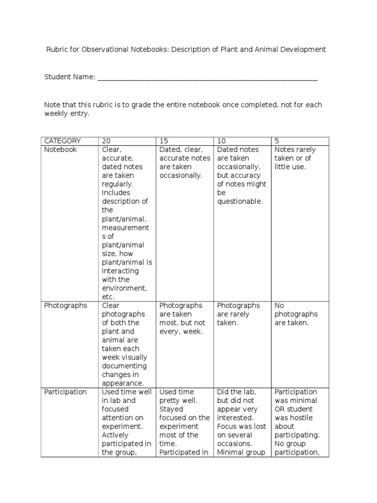 Rubric For Observational Notebooks | PDF | Wellness