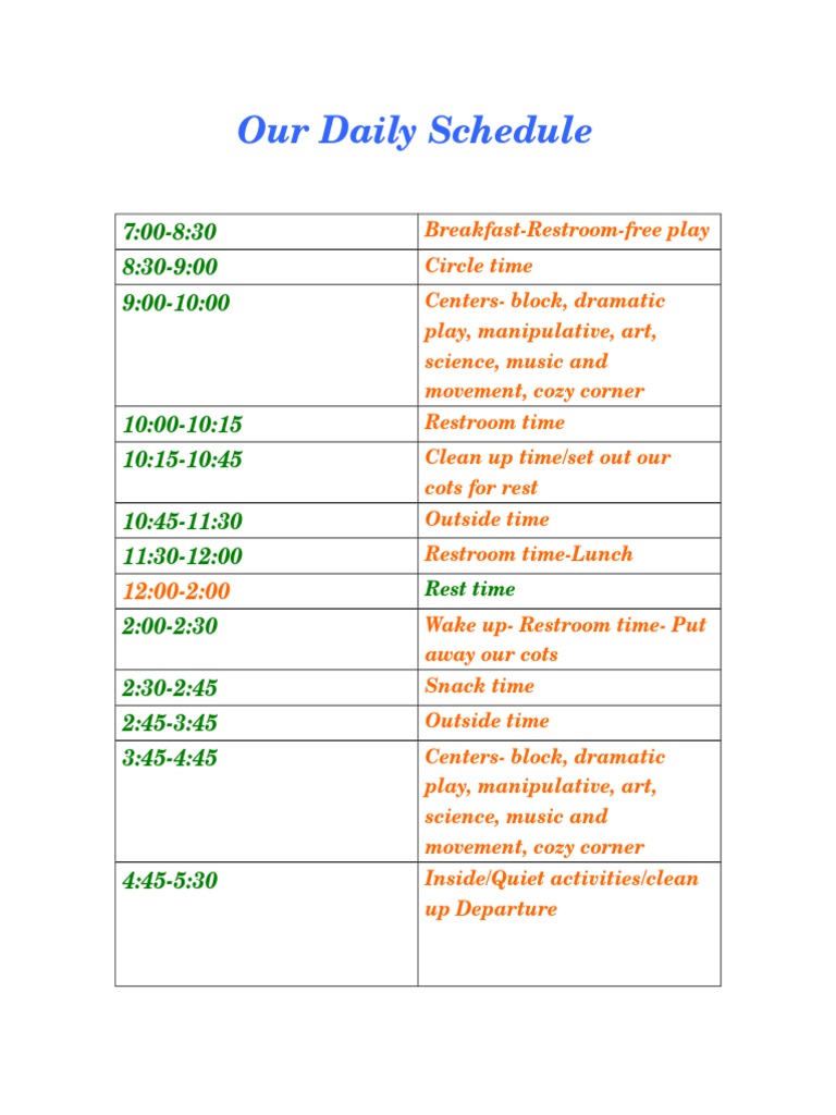 Daily Schedule for Early Childhood Activities | PDF | Social Science ...