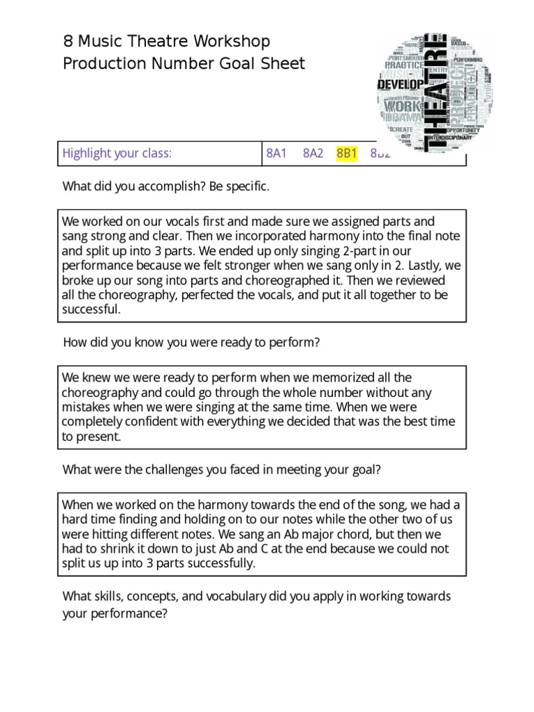 8 Music Theatre Workshop Production Number Goal Sheet: Highlight Your ...