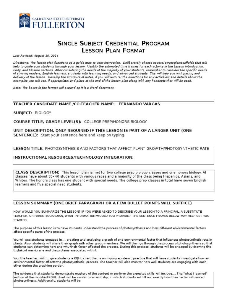 Lessonplan Photosynthesis | PDF | Lesson Plan | Photosynthesis