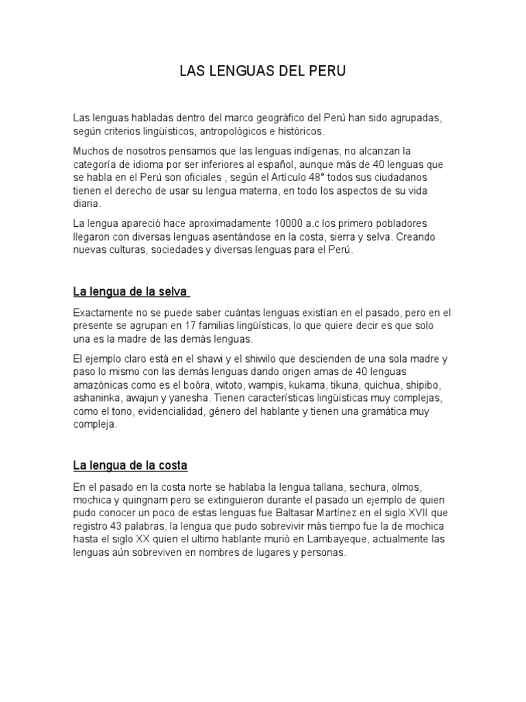 Las Lenguas Del Peru | PDF | Familias de idiomas | Perú