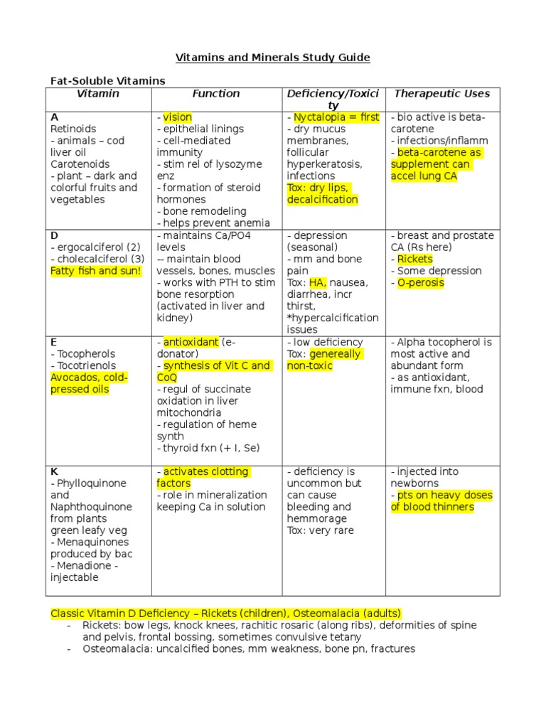 Vitamins and Minerals Study Questions | PDF | Folic Acid | Diet & Nutrition