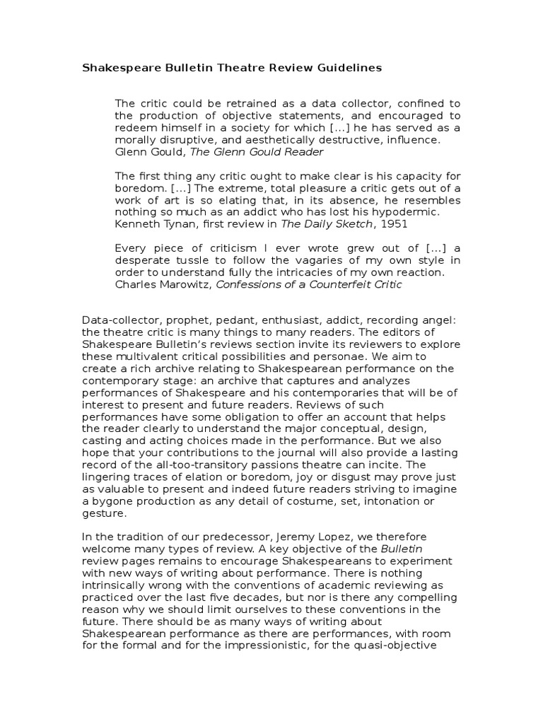 Theatre Critic Review Guide | PDF | William Shakespeare | Characters In ...