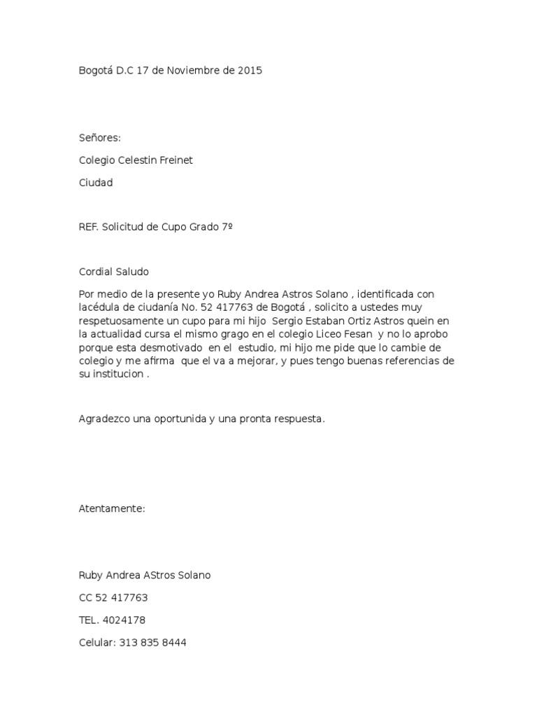 Carta de Solicitud de Cupo | PDF