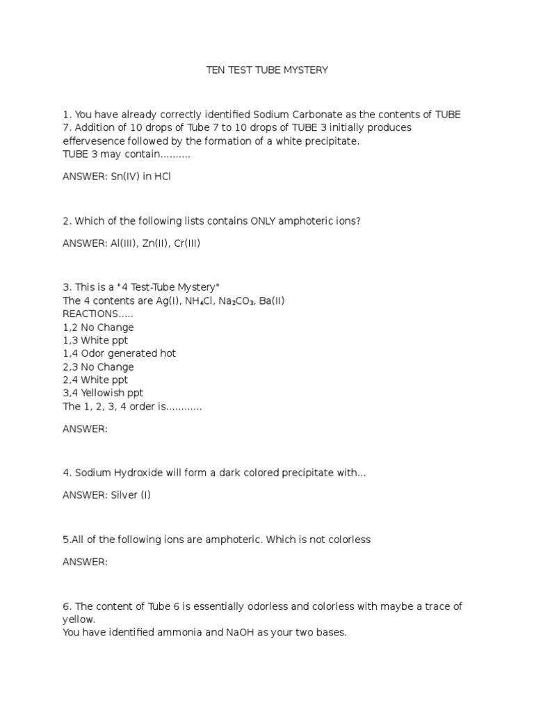 Ten Test Tube Mystery | PDF | Sodium Hydroxide | Hydroxide