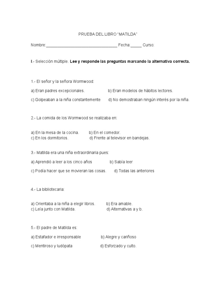 Prueba Del Libro Matilda | PDF