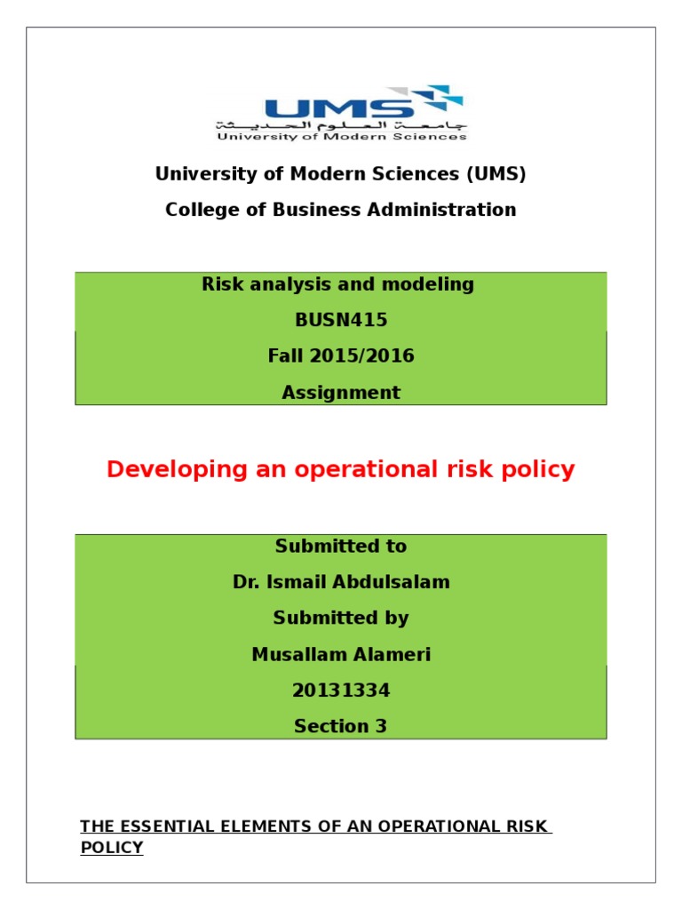 Developing An Operational Risk Policy: University of Modern Sciences ...