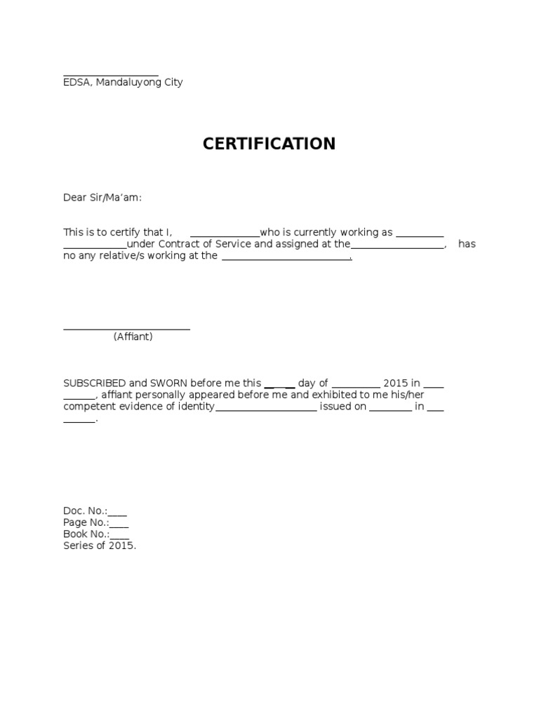 Certification Affidavit of No Relative | PDF | Affidavit | Common Law