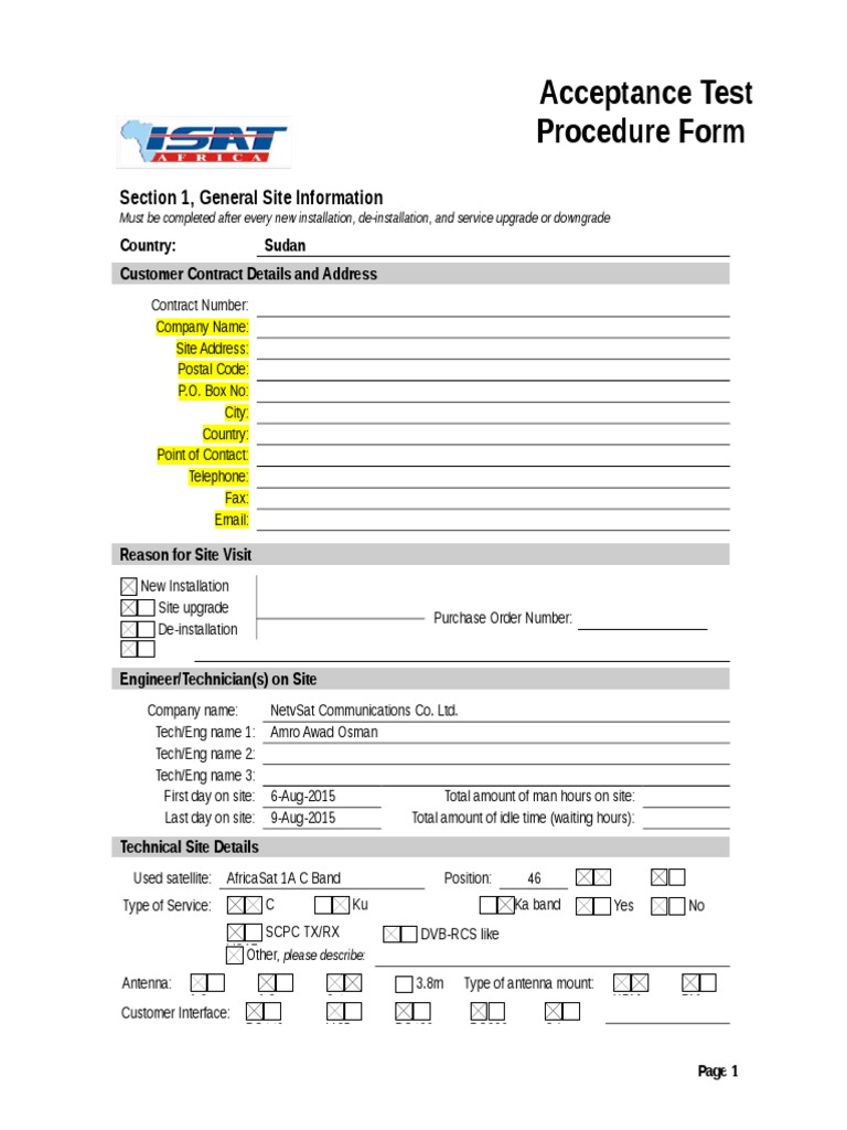 VSAT Acceptance Test Procedure Form | PDF | Modem | Cable