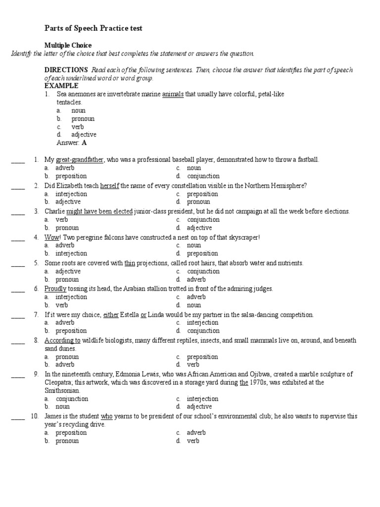 Parts of Speech Practice Test-Word | PDF | Language Arts & Discipline