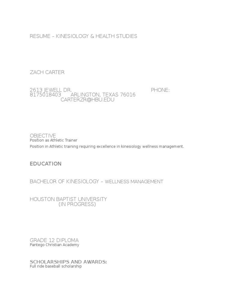 Kinesiology Resume of Zach Carter | PDF