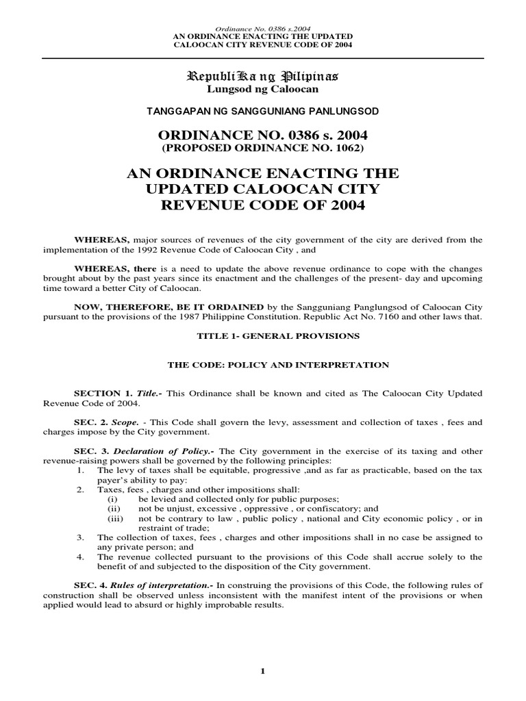 Caloocan City Revenue Code of 2004 | PDF | Property Tax | Taxes