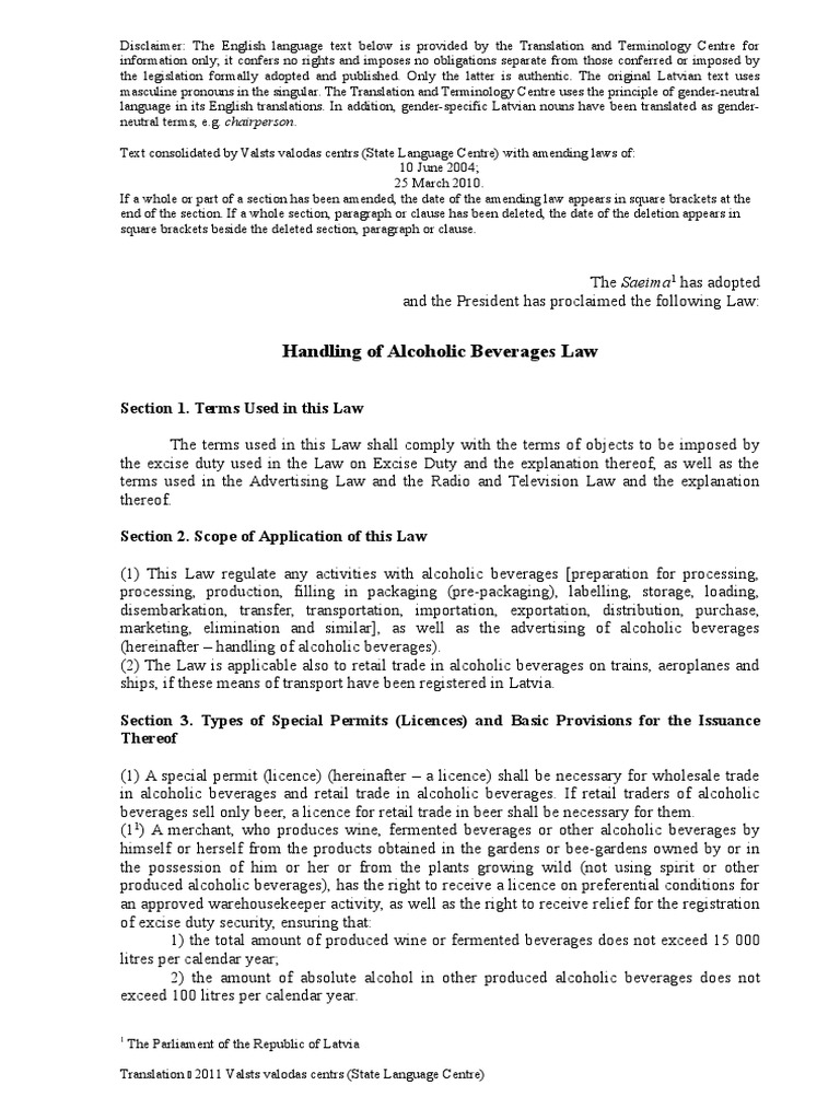 Handling of Alcoholic Beverages Law RPG | Download Free PDF | Drink ...