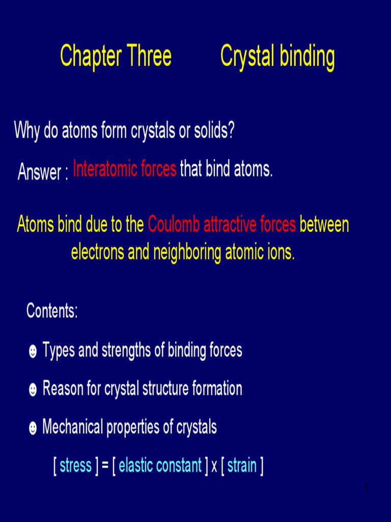 Chapter Three Crystal Binding: Why Do Atoms Form Crystals or Solids? Answer: That Bind Atoms ...