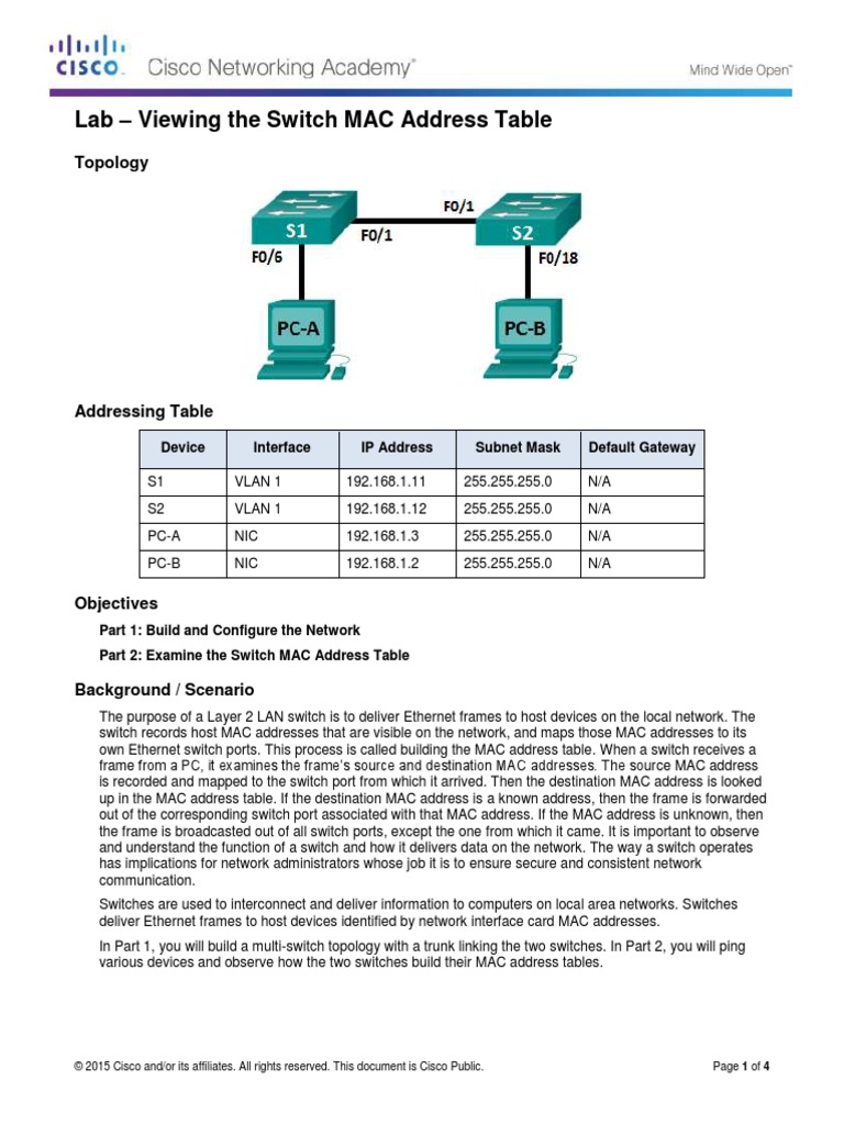 5.2.1.7 Lab - Viewing The Switch MAC Address Table | PDF | Network Switch | Computer Network