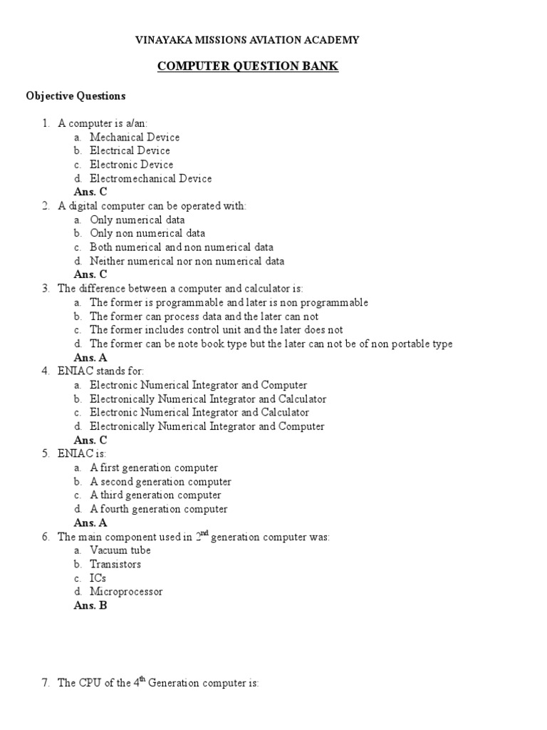 Computer Question Bank: Objective Questions | PDF | Computer Data ...