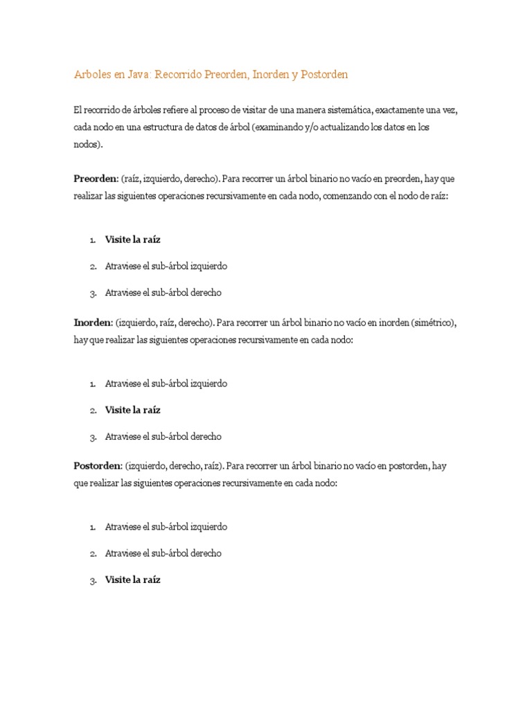Recorridos de Árboles en Java: Preorden, Inorden, Postorden | PDF ...